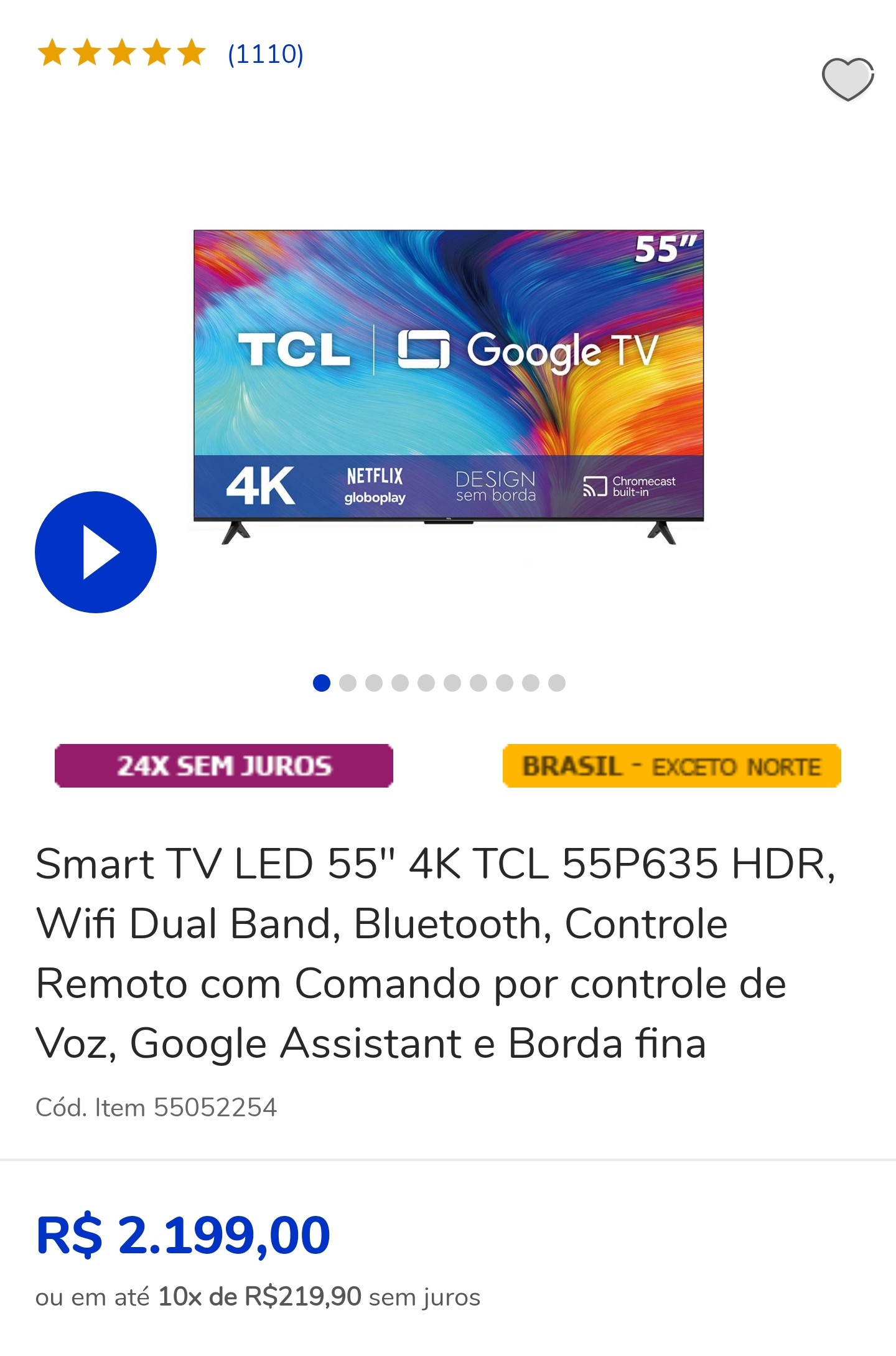 [Casas Bahia] TV 55" TCL 55P635 (R$2199 em até 10x sem juros)