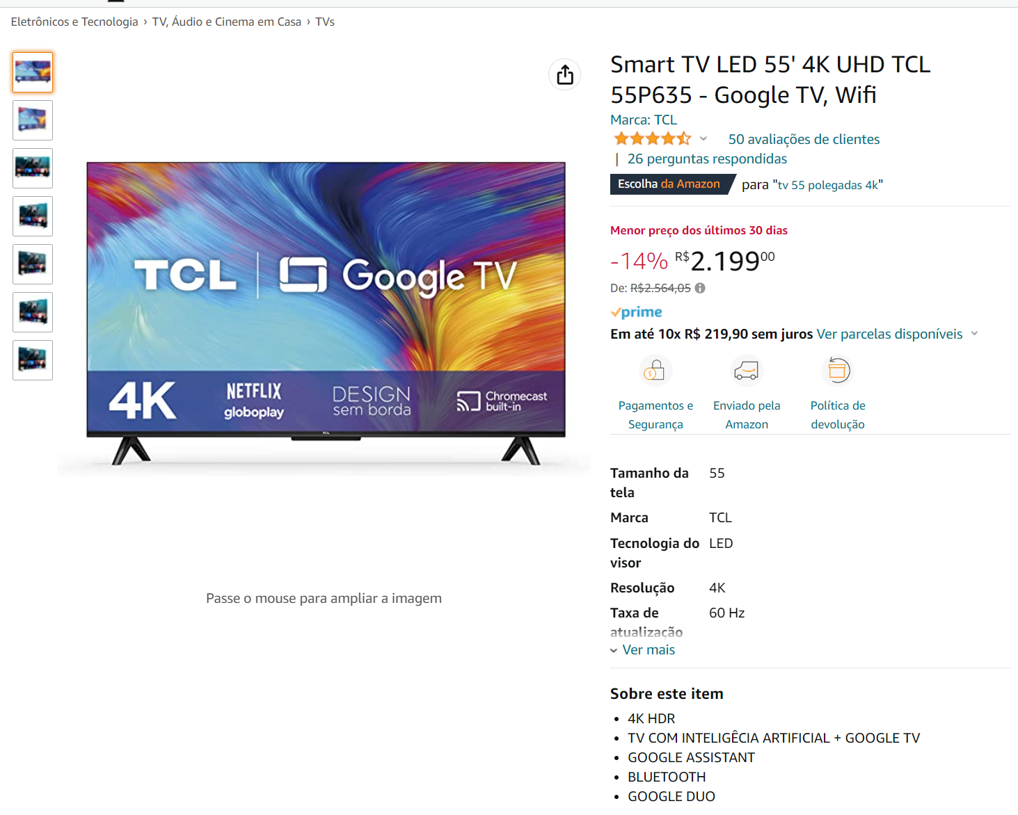 [Casas Bahia] TV 55" TCL 55P635 (R$2199 em até 10x sem juros)