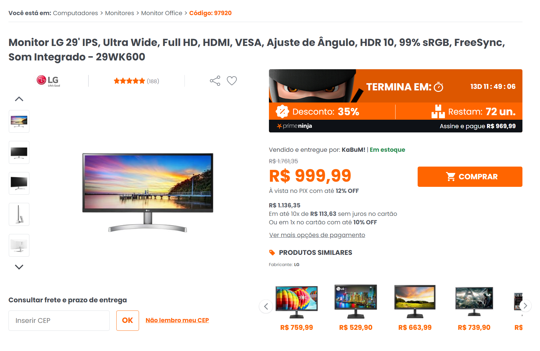 [Kabum] Monitor LG 29' IPS, Ultra Wide, Full HD 29WK600 (R$949)