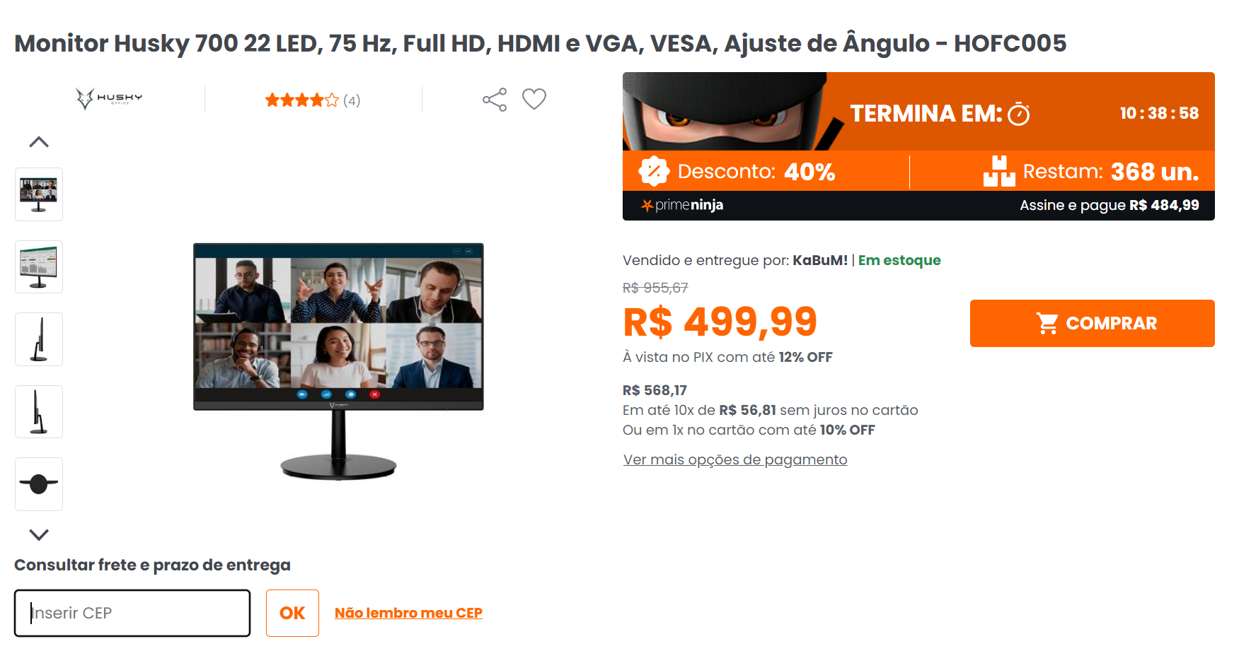 [Kabum] Monitor Husky 700 22" Full HD 75 Hz HDMI VGA VESA (R$474)