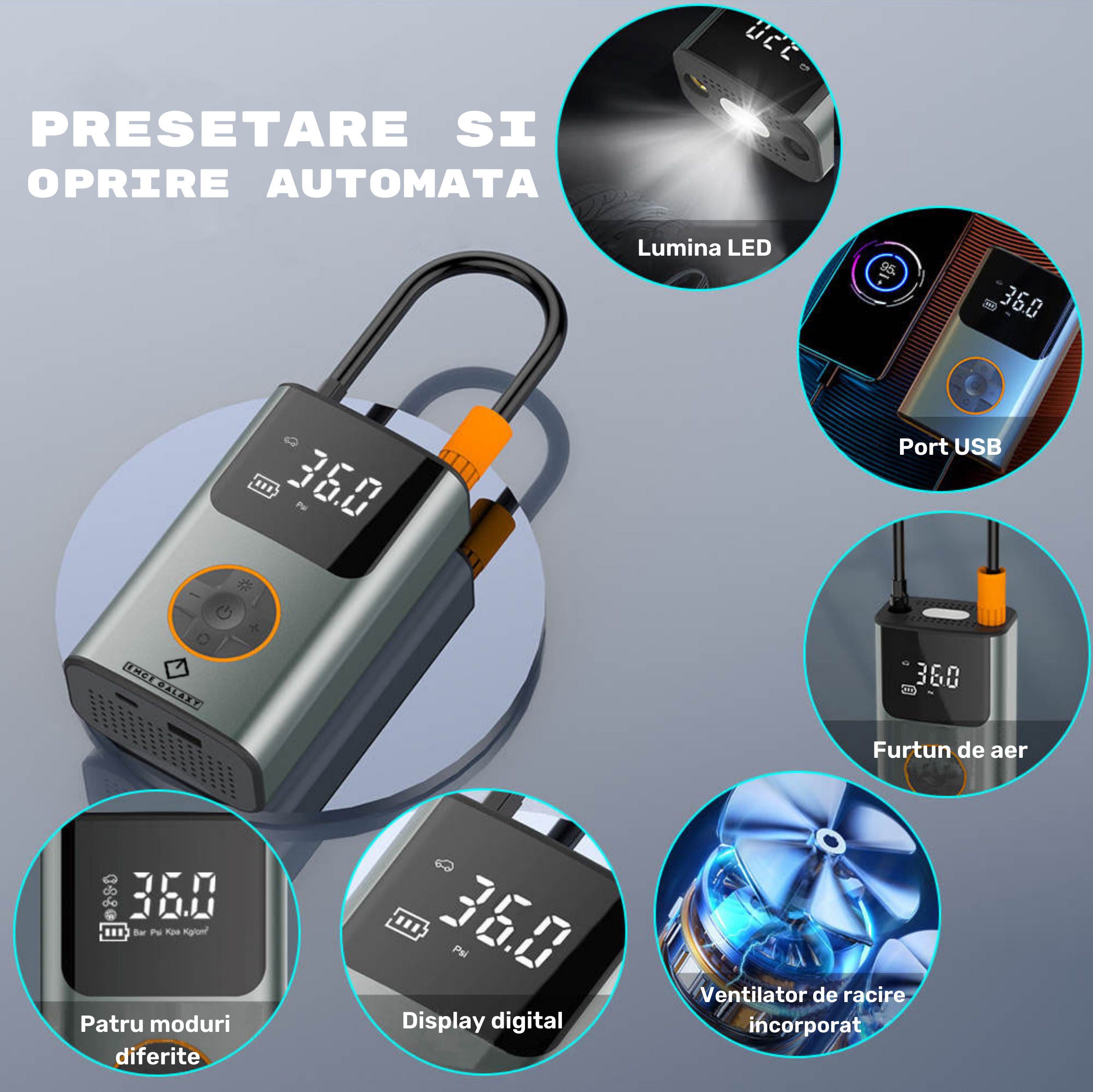 Pompa aer auto electrica wireless smart, Multifunctionala, LCD ...