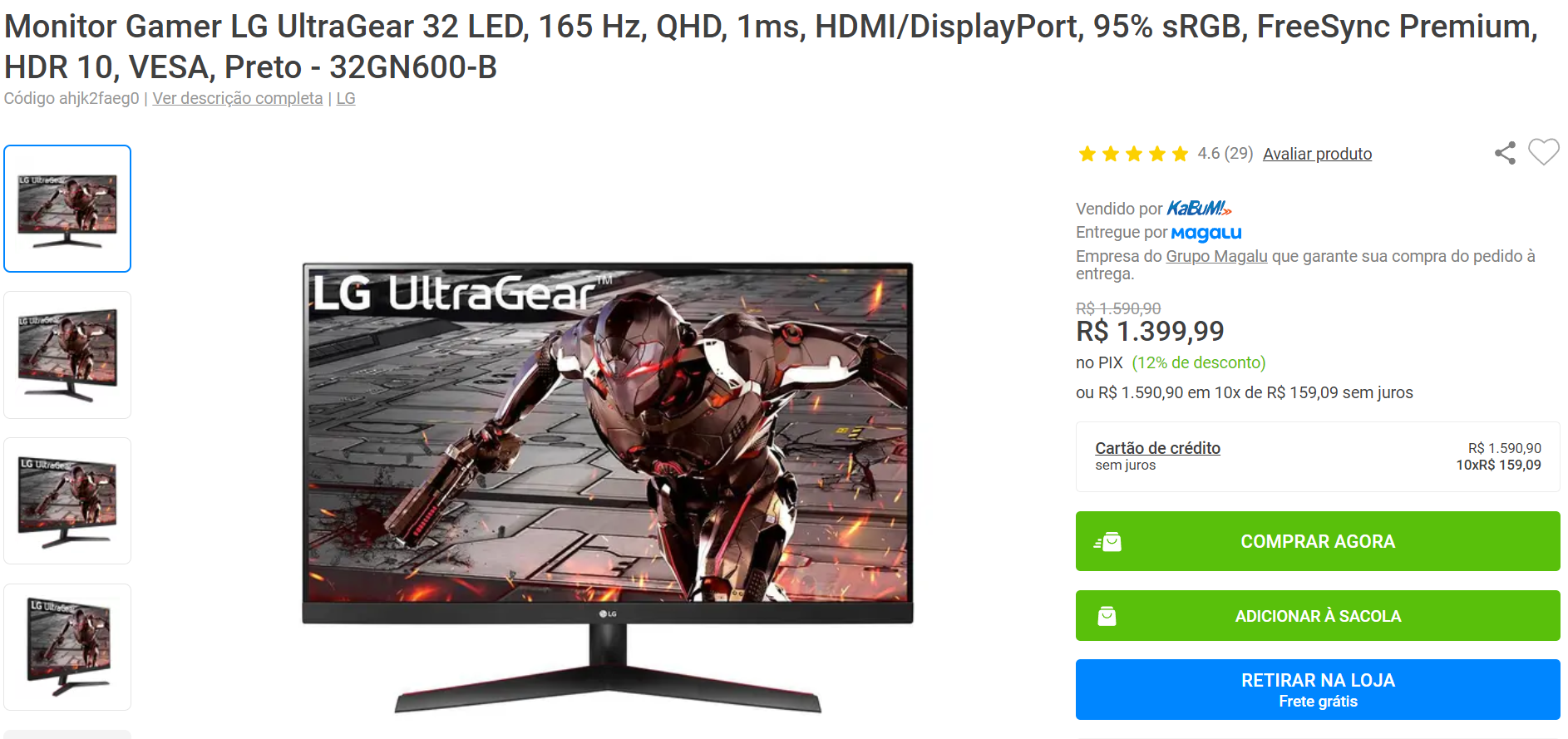 [Kabum] Monitor LG UltraGear 32" QHD 165 Hz 1ms 95% sRGB FreeSync HDR10 ...