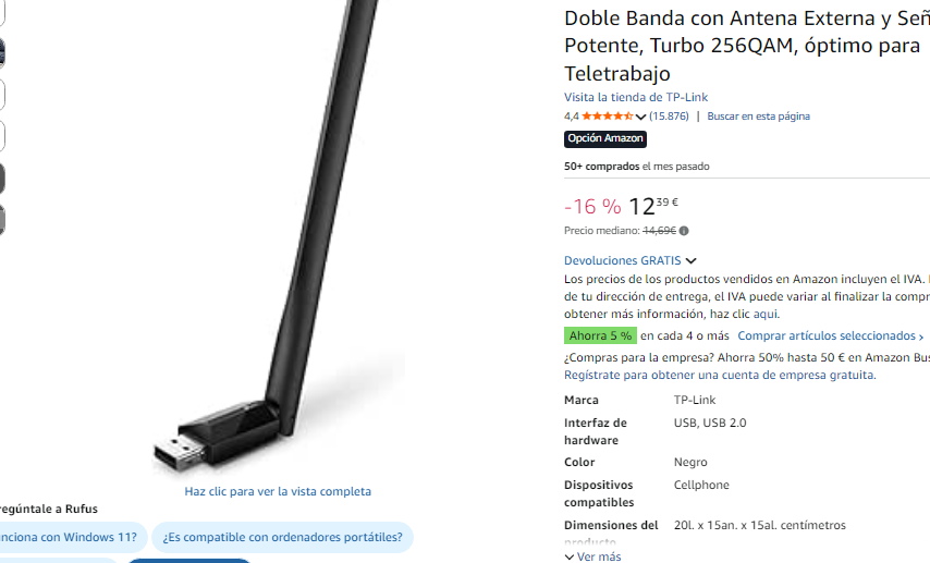 Adaptador WiFi AC600 TP-Link USB Dual Band 2.4 / 5GHz - antena alta ...